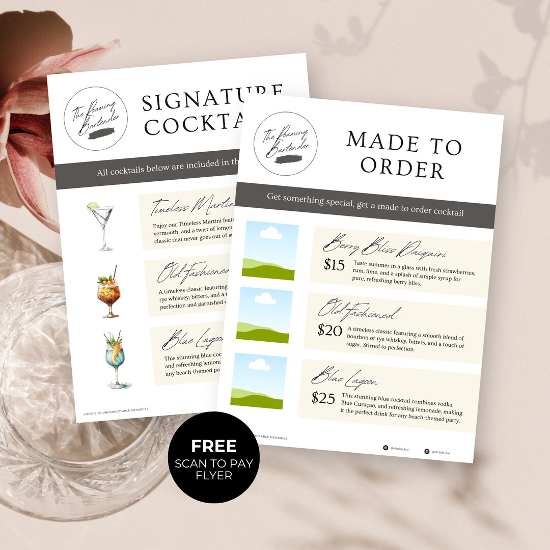 Mobile Bar Service Drinks Menu, Scan to Pay Canva Template US Letter ...