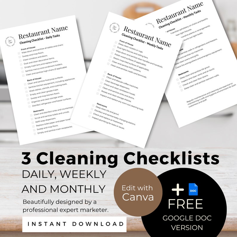 Restaurant Cleaning Checklist A4, Daily Tasks, Canva Template, Kitchen ...