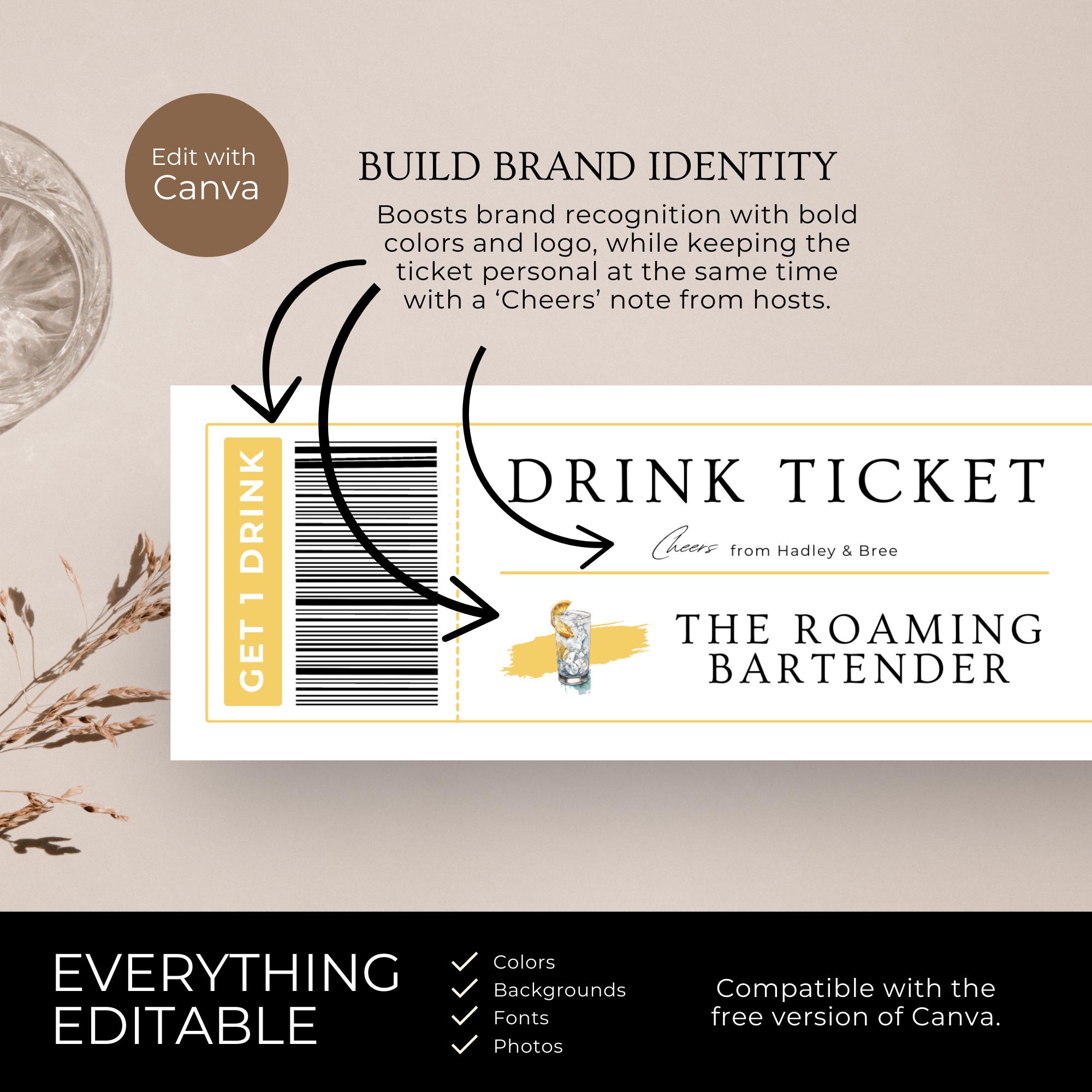 Mobile Bar Drink Ticket Canva Template, Wedding Drinks Token Voucher ...