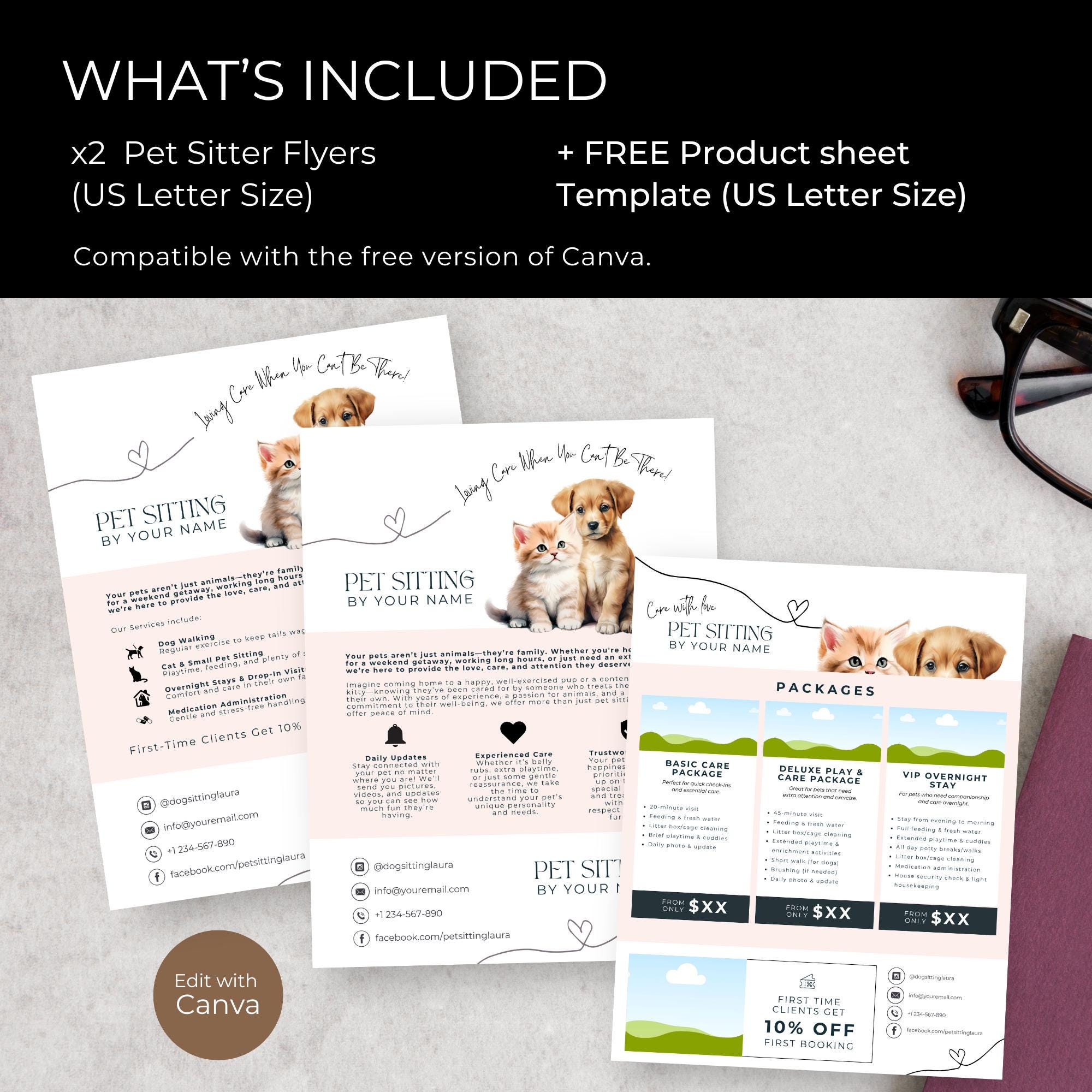 Pet Sitter Flyer Canva Template With Heart, Cat and Dog Sitting Sheet ...