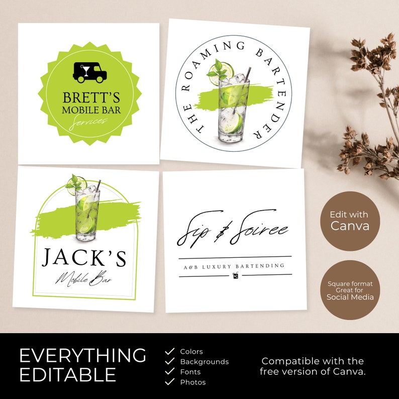 Mobile Bar Business Logo, Bartending Services Brand Board, Branding ...