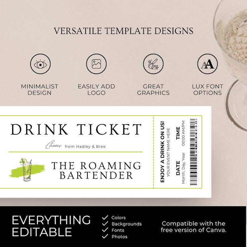 Mobile Bar Drink Ticket Canva Template, Wedding Drinks Token Voucher ...
