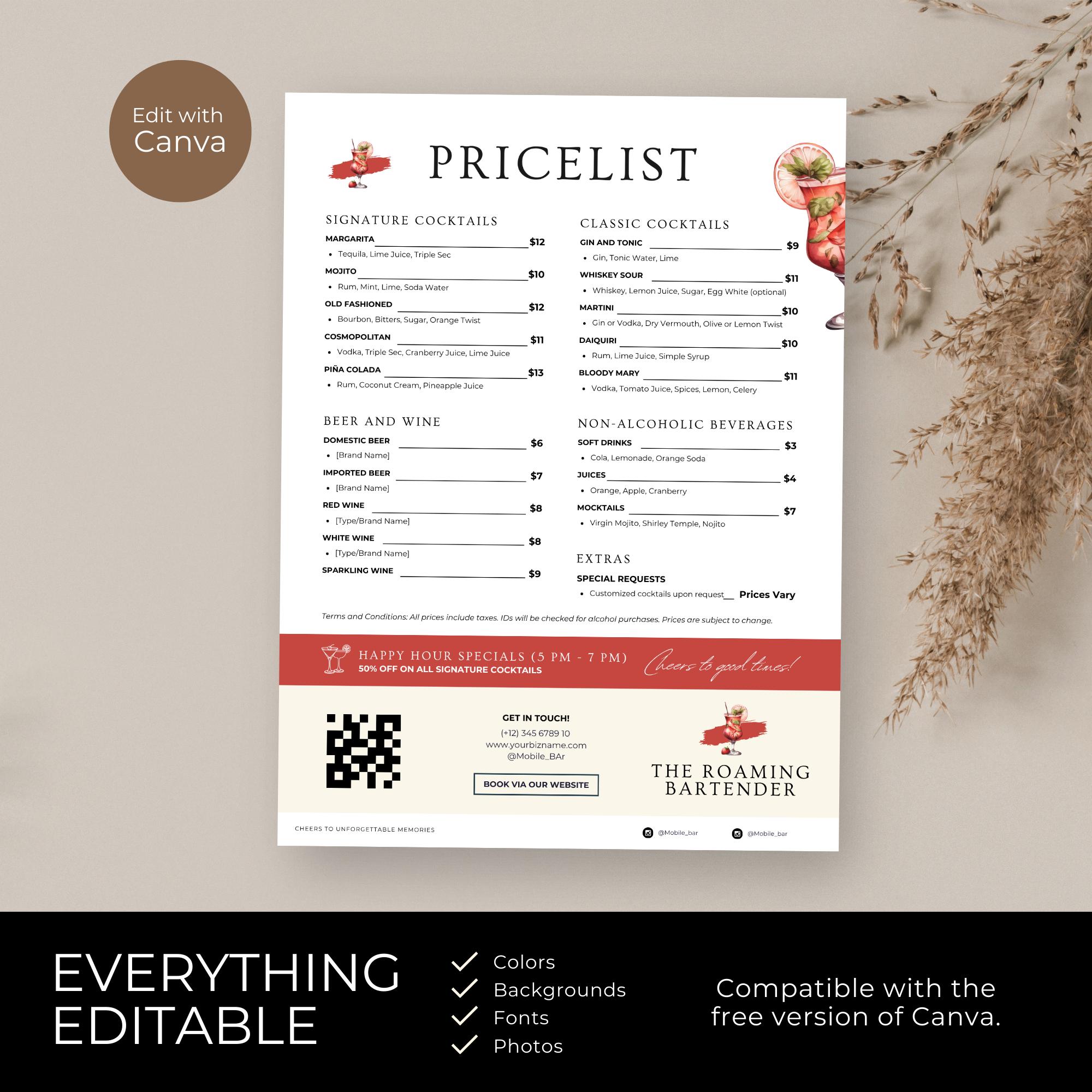 Mobile Bar Price List Template, Customizable Bar Menu, Cocktail Bar ...