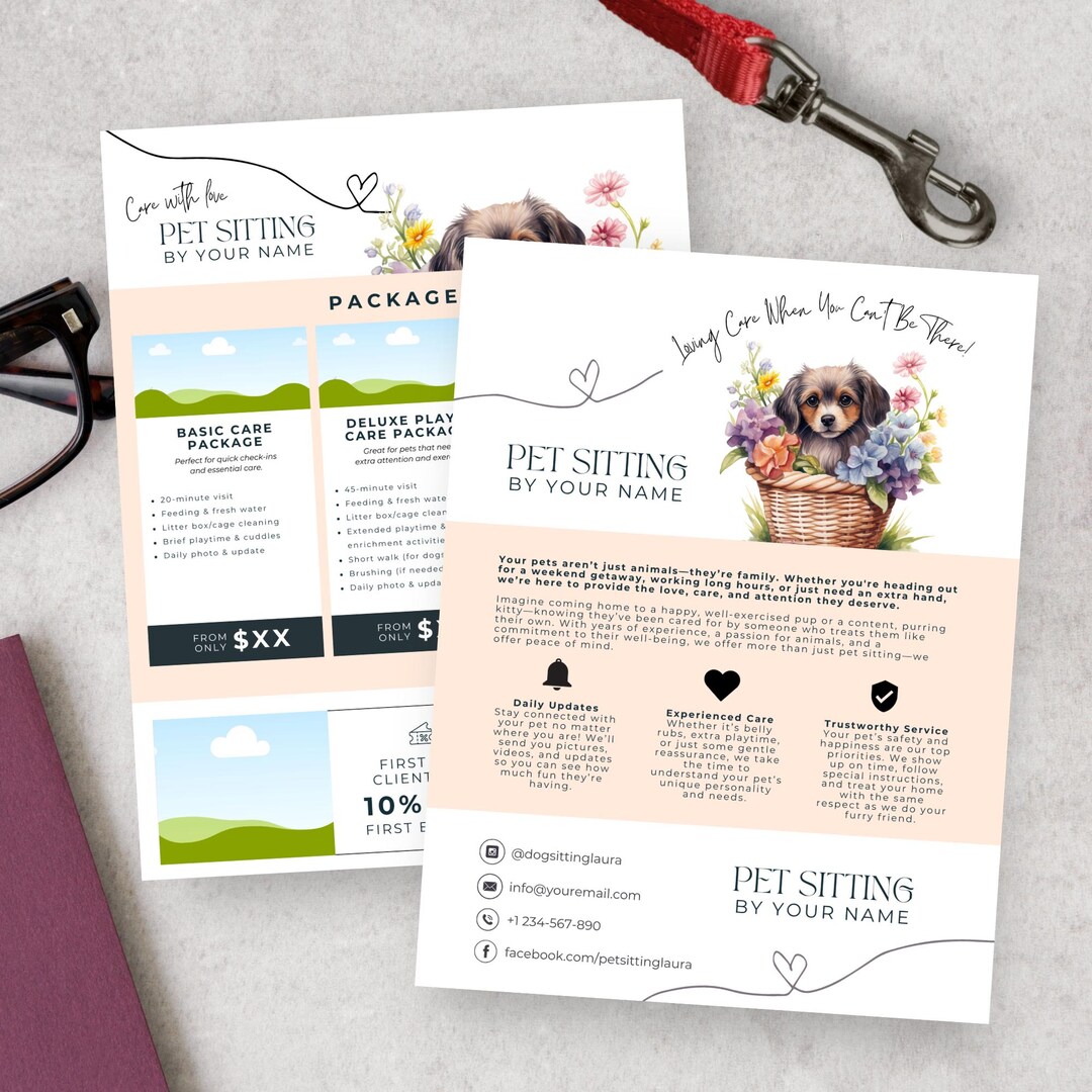 Pet Sitter Flyer Canva Template With Heart, Dog Sitting Sheet, Puppy ...