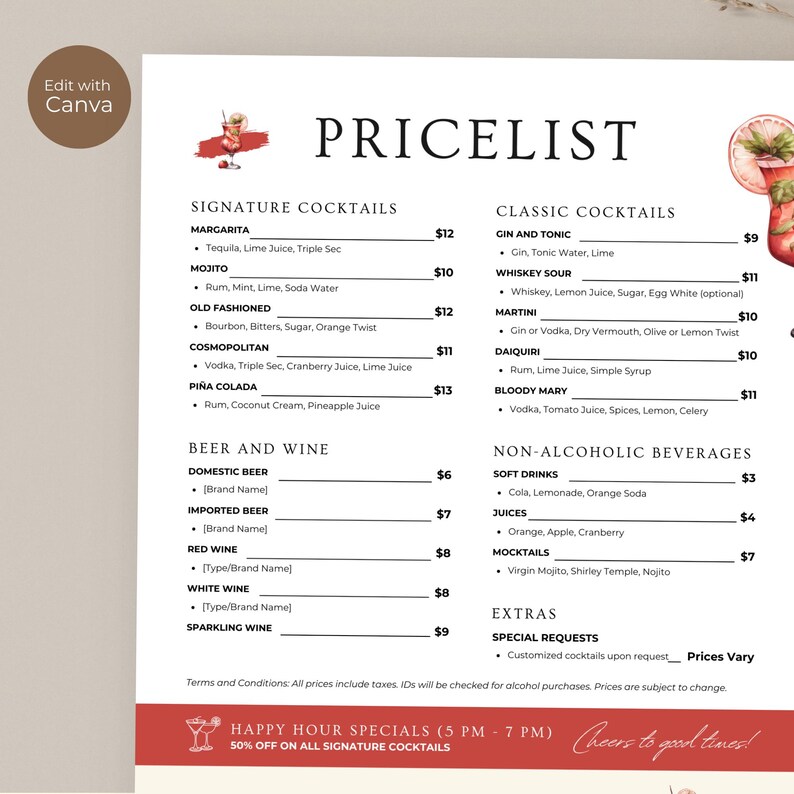 Mobile Bar Price List Template, Customizable Bar Menu, Cocktail Bar ...