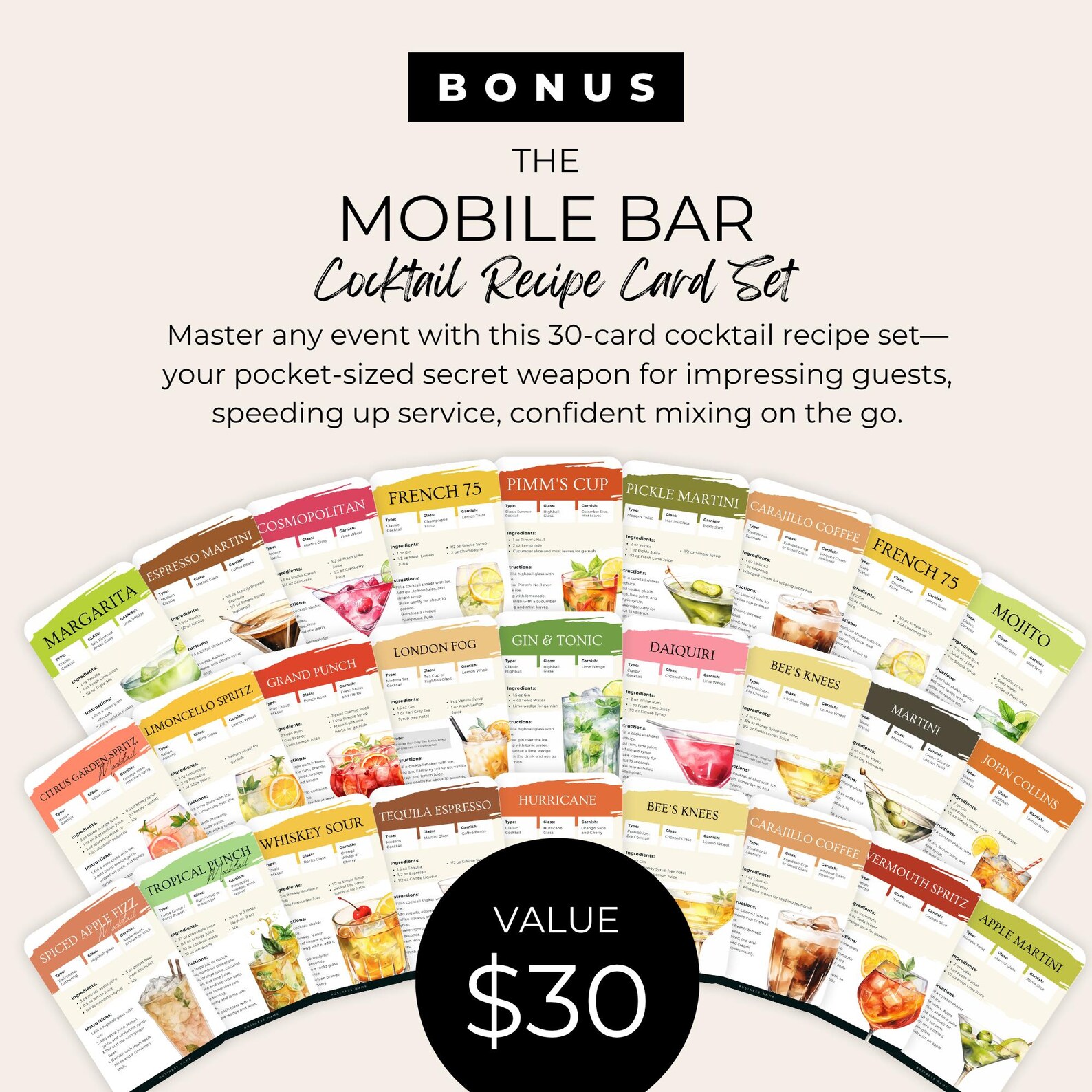 Mobile Bar Business Bundle, Bartender Canva Website, Drinks Pricelist ...