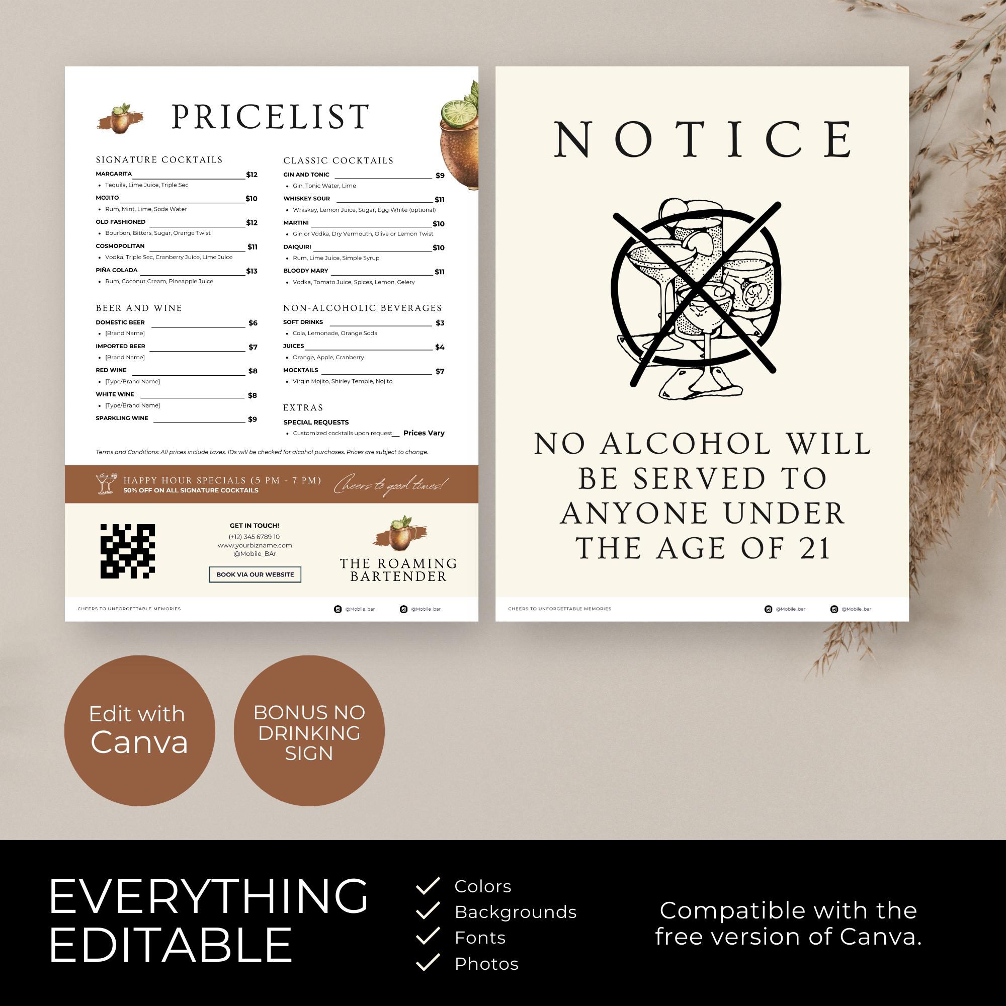 Mobile Bar Price List Template, Customizable Bar Menu, Cocktail Bar ...