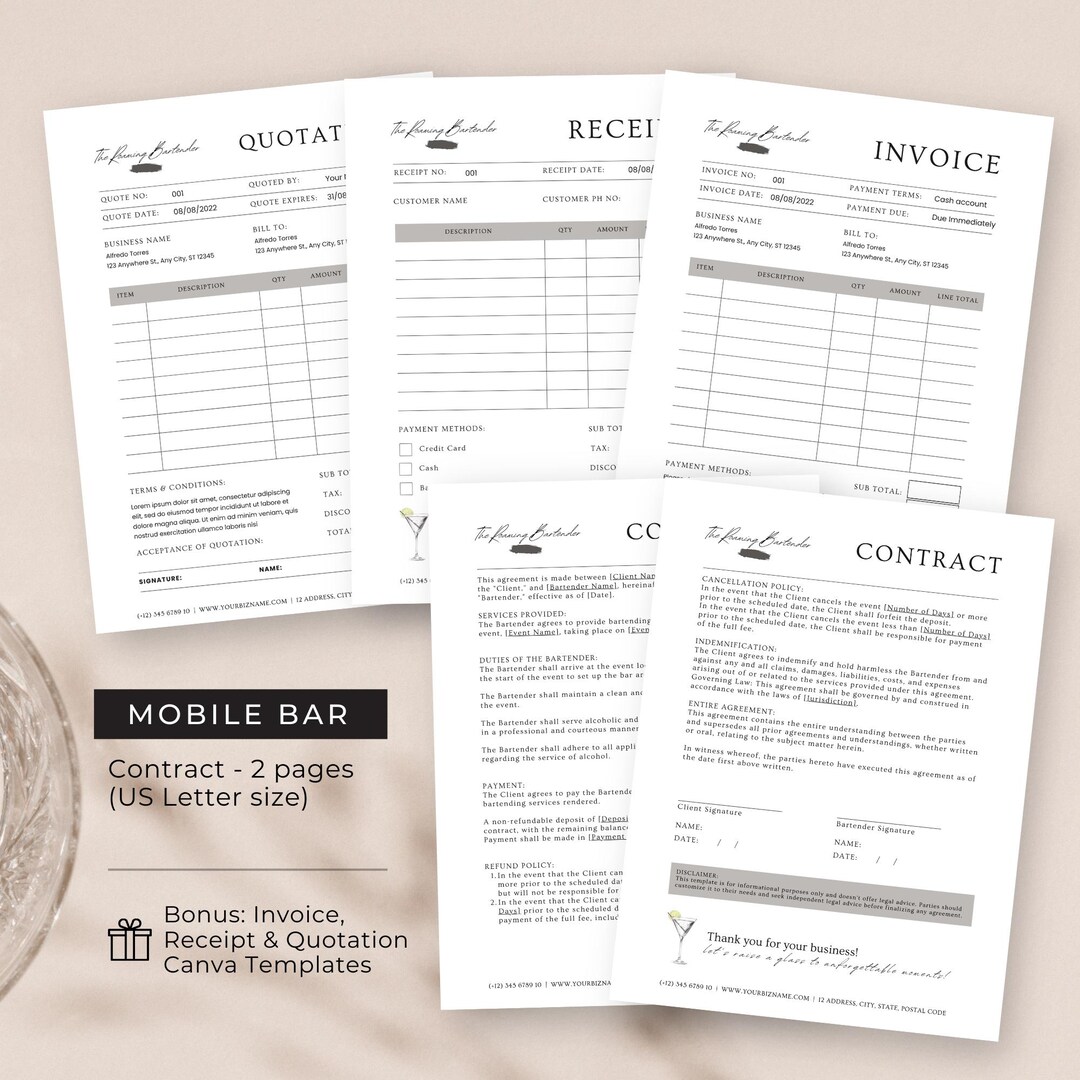 Mobile Bartending Contract Template, Editable in Canva, Freelance ...