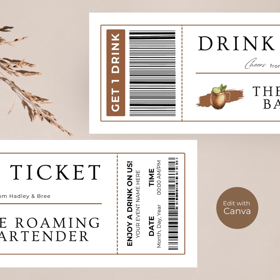 Mobile Bar Drink Ticket Canva Template, Wedding Drinks Token Voucher ...