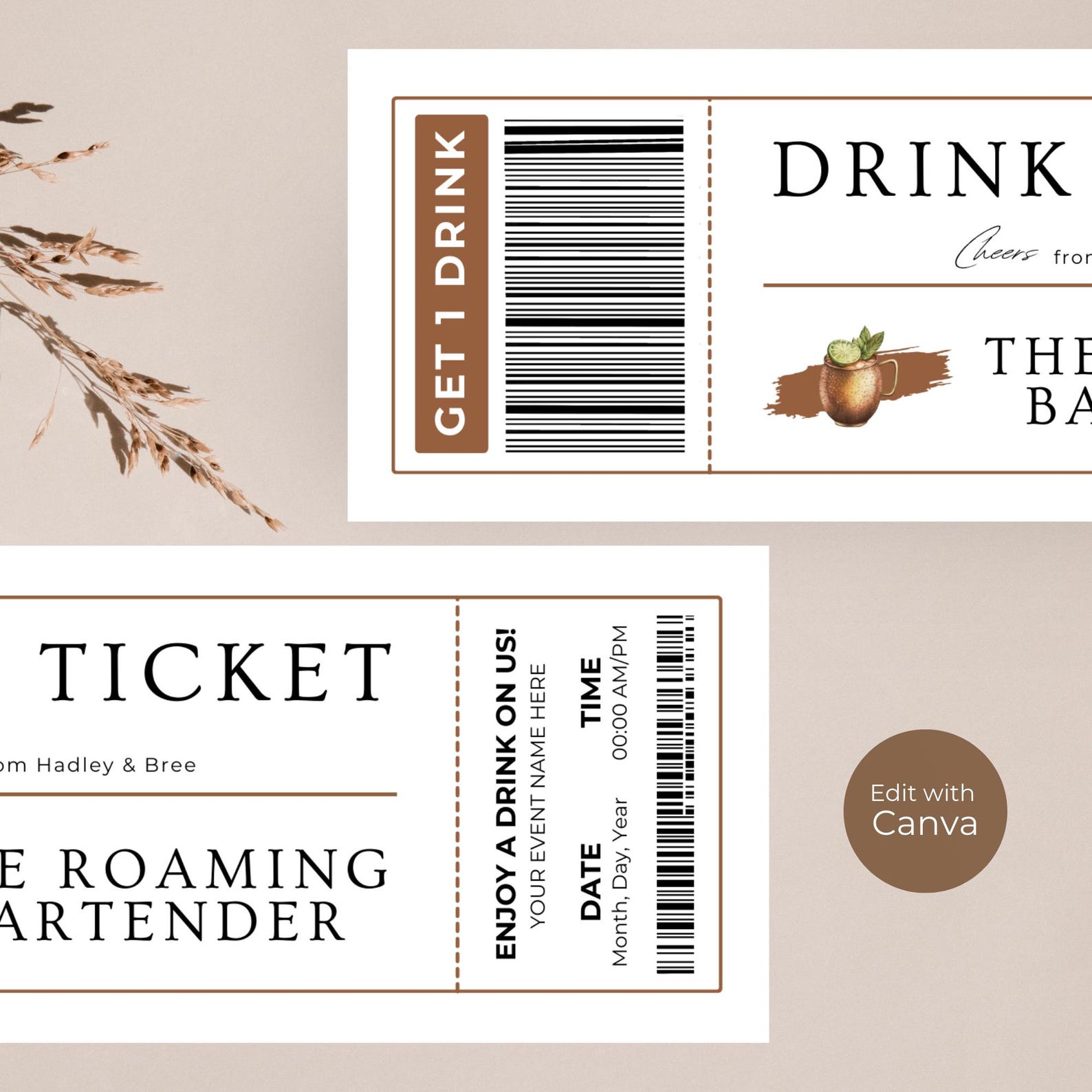 Mobile Bar Drink Ticket Canva Template, Wedding Drinks Token Voucher ...