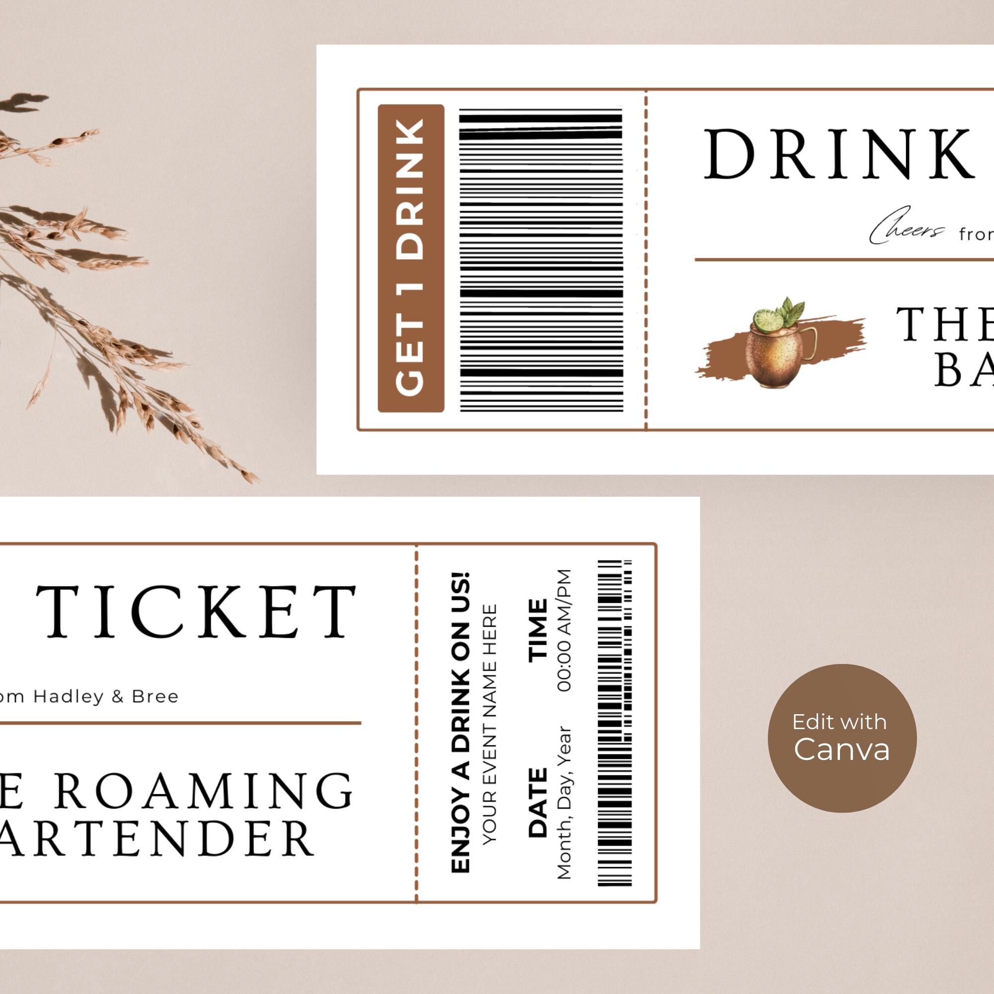 Mobile Bar Drink Ticket Canva Template, Wedding Drinks Token Voucher ...