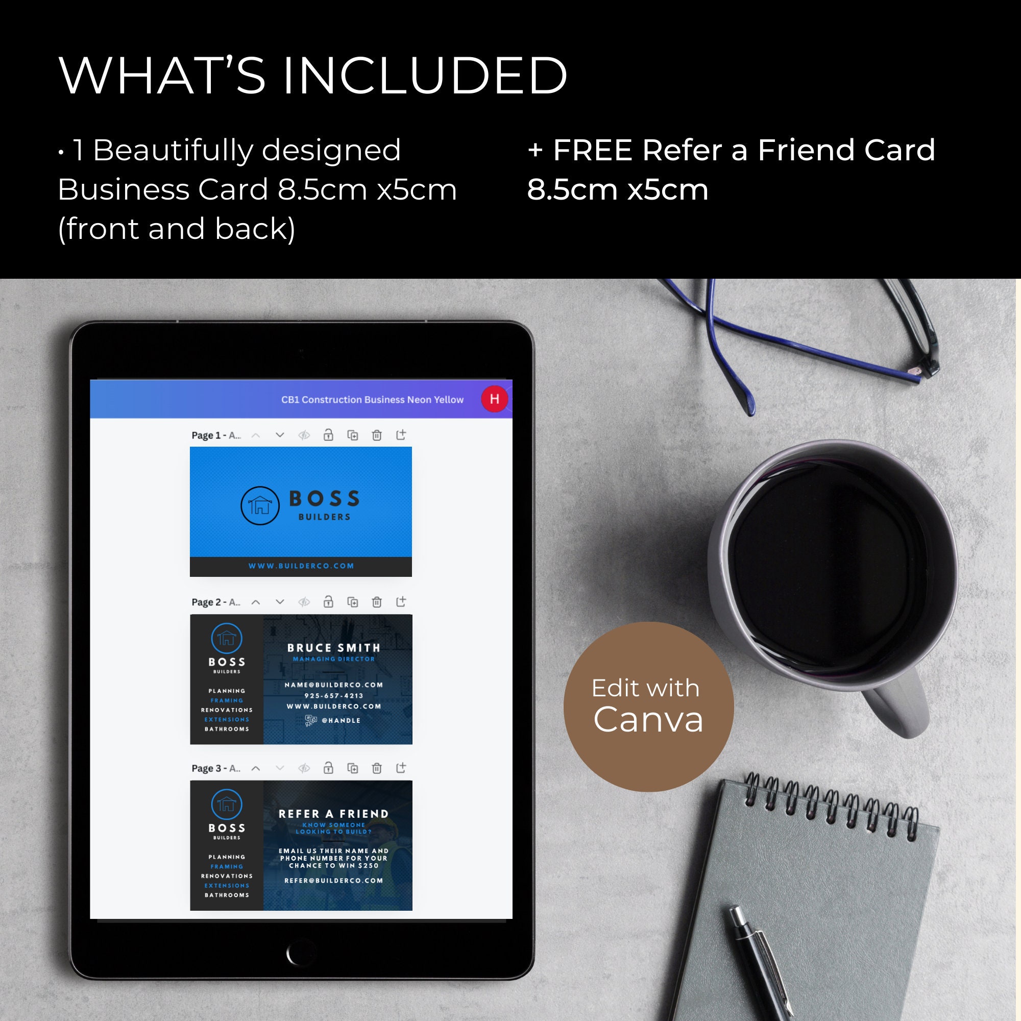 Construction Business Card Canva Template, 8.5x5cm, Small Business ...