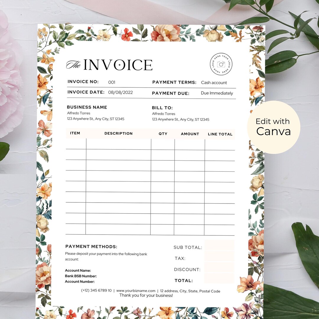 Wedding Florist Invoice Canva Template, Boutique Flower Shop Quotation ...