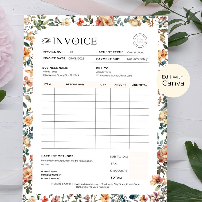 Wedding Florist Invoice Canva Template, Boutique Flower Shop Quotation ...