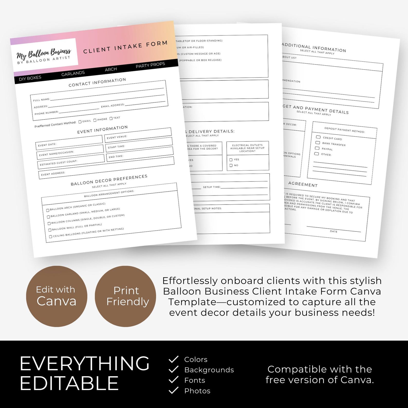 Balloon Business Client Intake Form, Event Information Canva Template ...