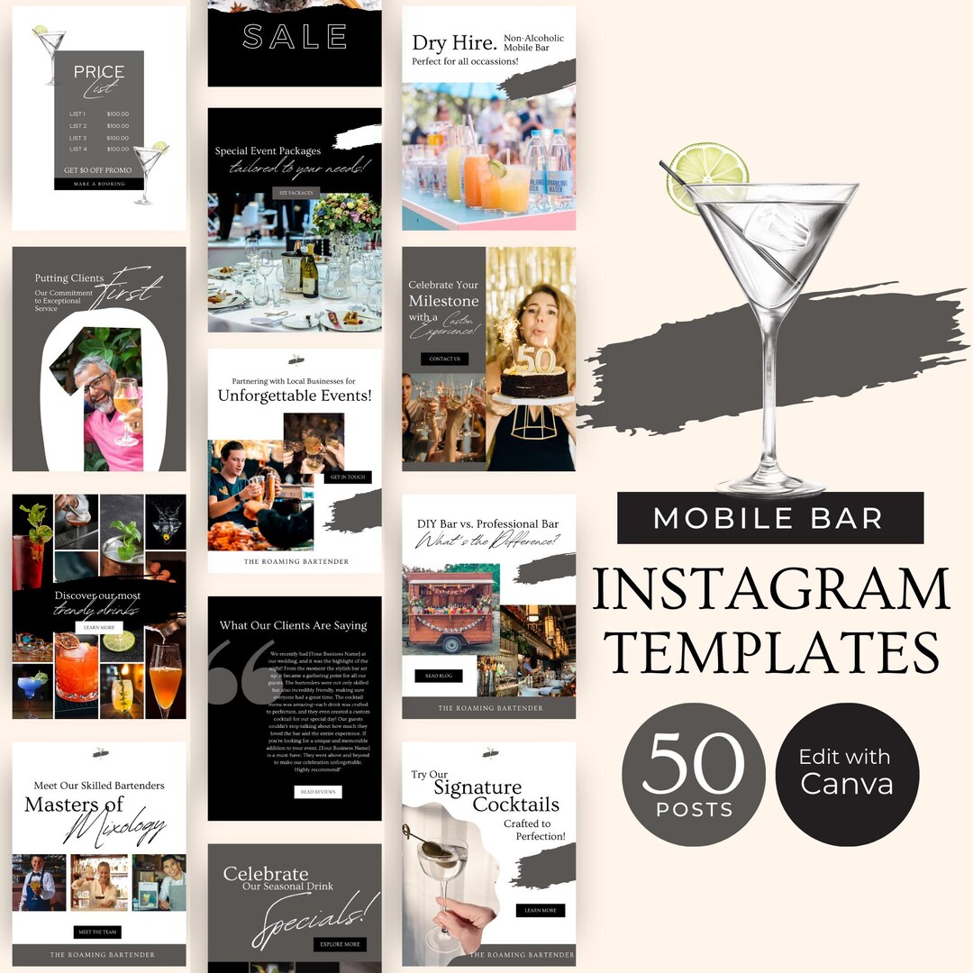 Mobile Bar Instagram Templates, Bartending Social Media Posts, DIY ...