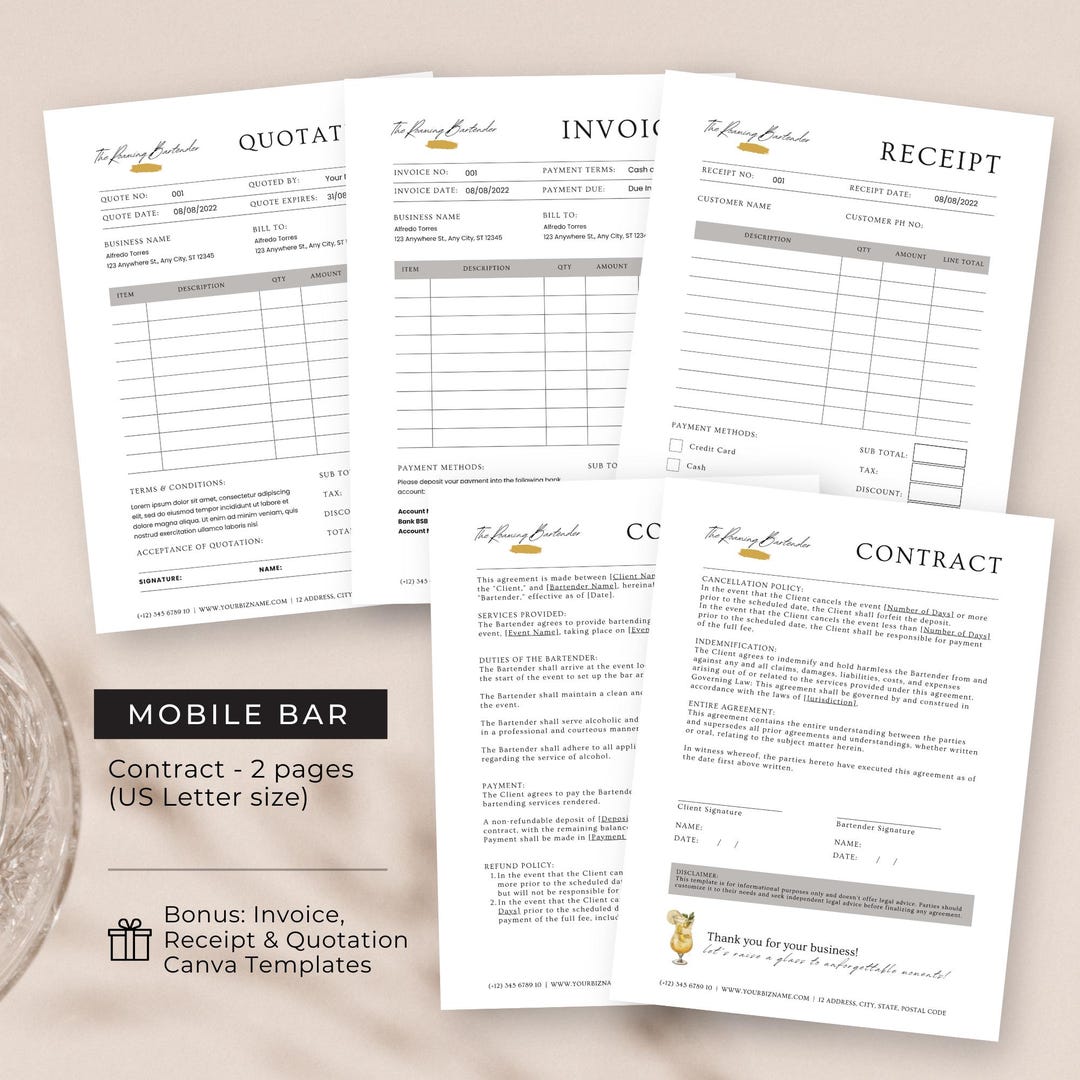 Mobile Bartending Contract Template, Editable in Canva, Freelance ...