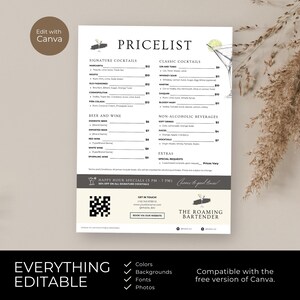 Mobile Bar Price List Template, Customizable Bar Menu, Cocktail Bar ...