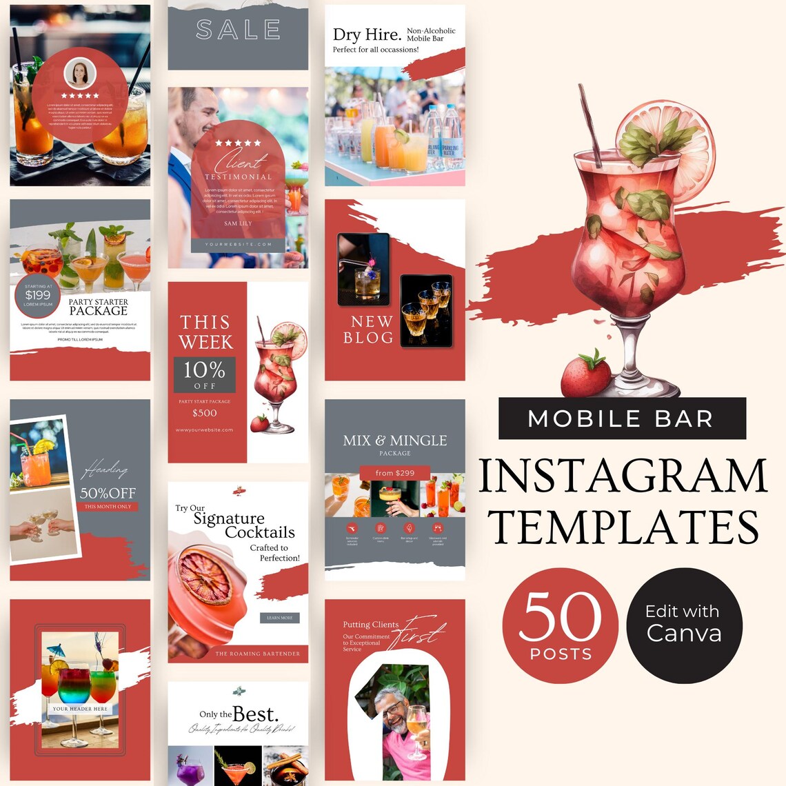 Mobile Bar Instagram Templates, Bartending Social Media Posts, DIY ...