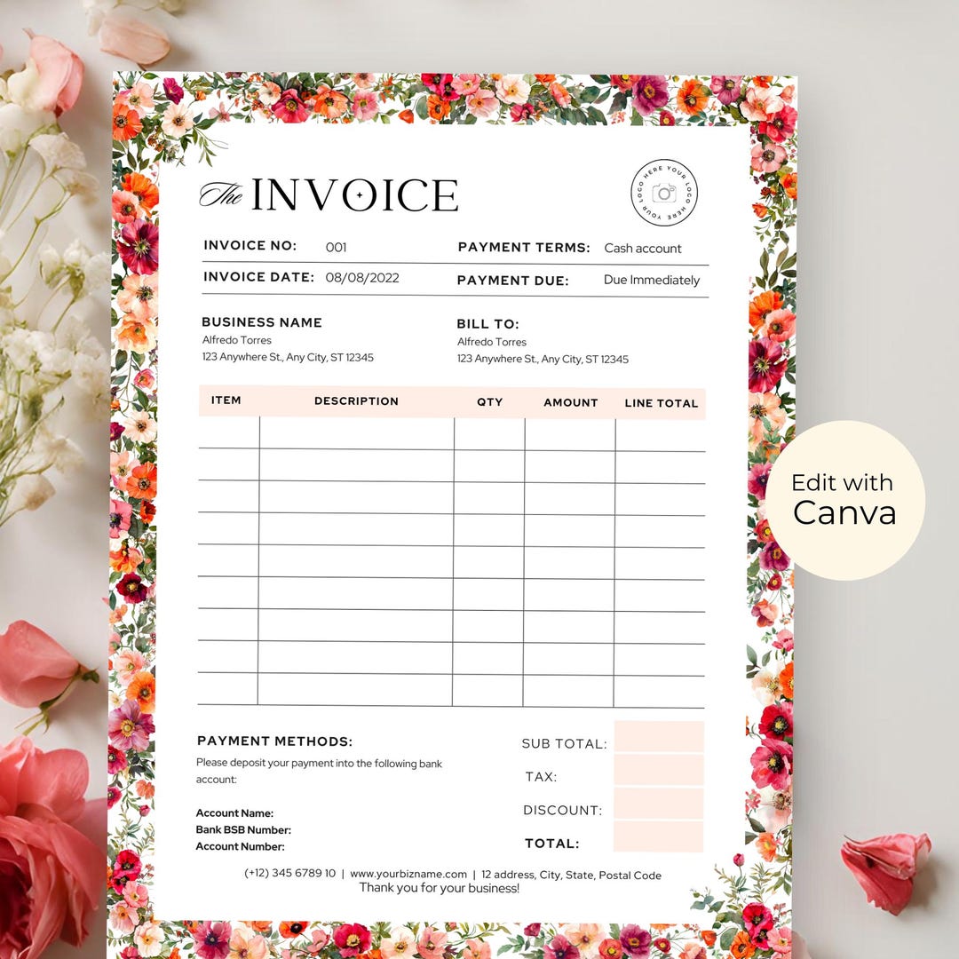 Wedding Florist Invoice Canva Template, Boutique Flower Shop Quotation ...