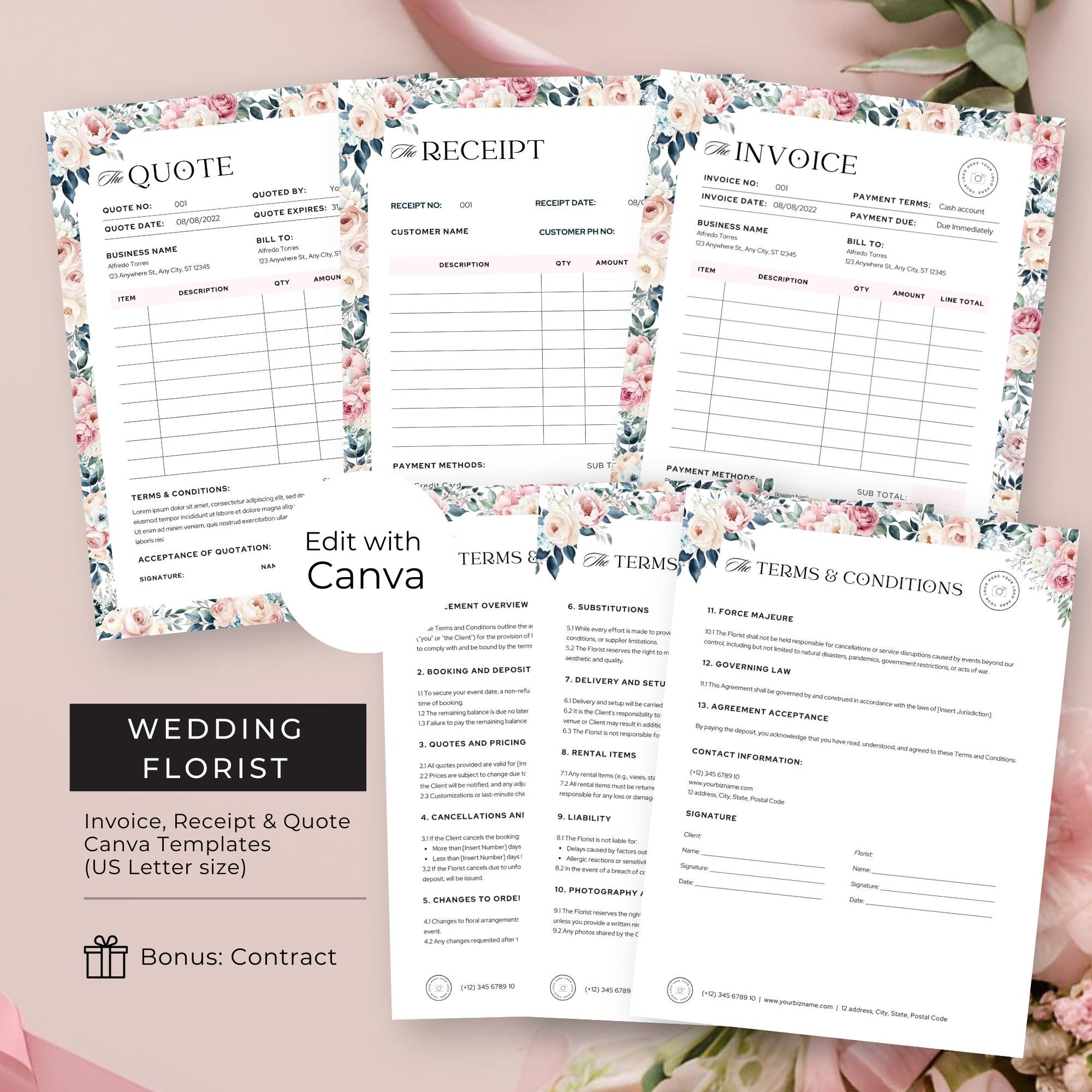 Wedding Florist Invoice Canva Template, Boutique Flower Shop Quotation ...