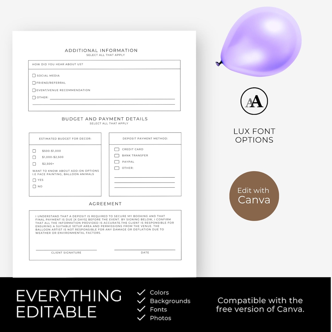 Balloon Business Client Intake Form, Event Information Canva Template ...