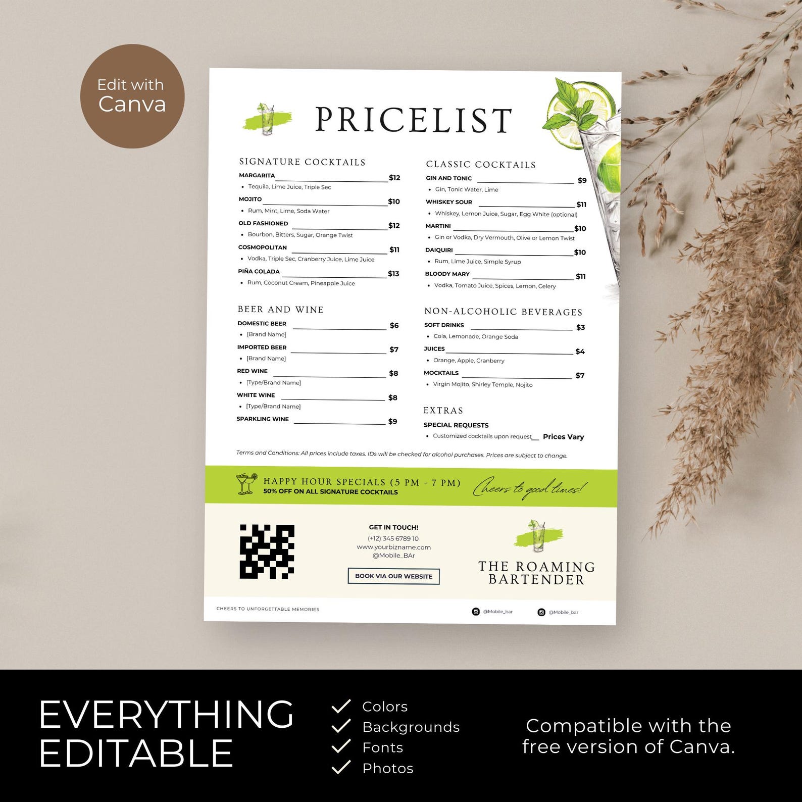Mobile Bar Price List Template, Customizable Bar Menu, Cocktail Bar ...