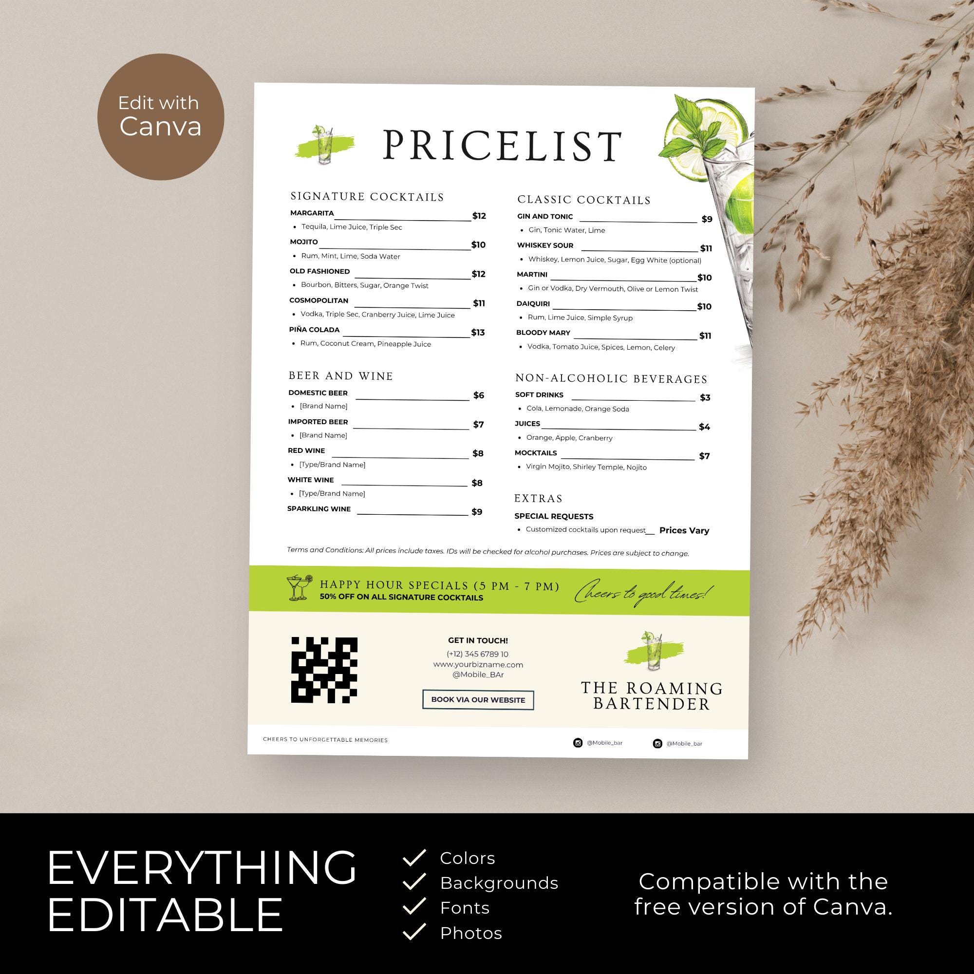 Mobile Bar Price List Template, Customizable Bar Menu, Cocktail Bar ...