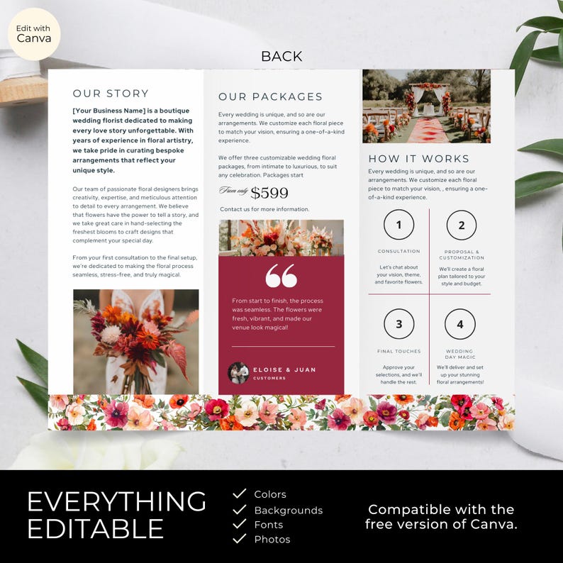Wedding Florist Leaflet Canva Template, Boutique Flower Shop Trifold ...
