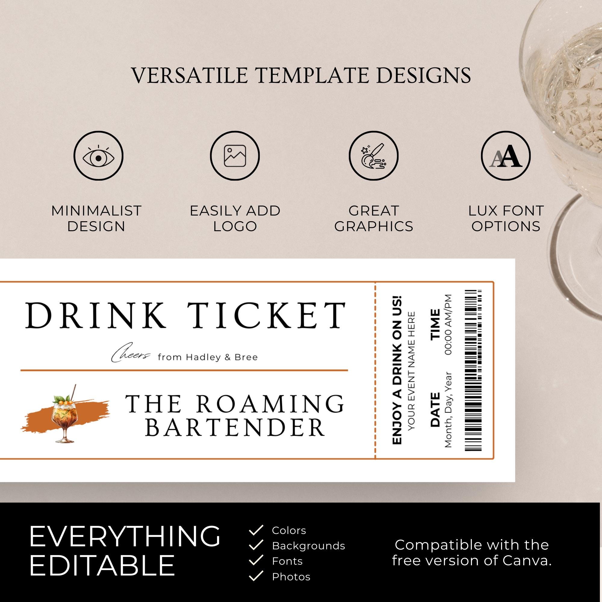 Mobile Bar Drink Ticket Canva Template, Wedding Drinks Token Voucher ...