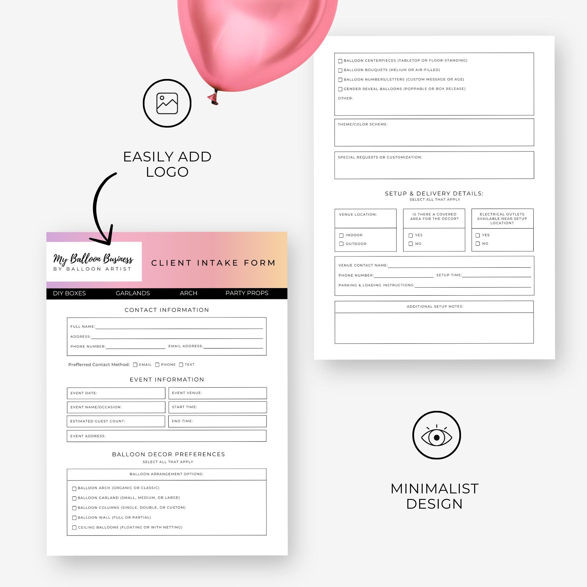 Balloon Business Client Intake Form, Event Information Canva Template ...