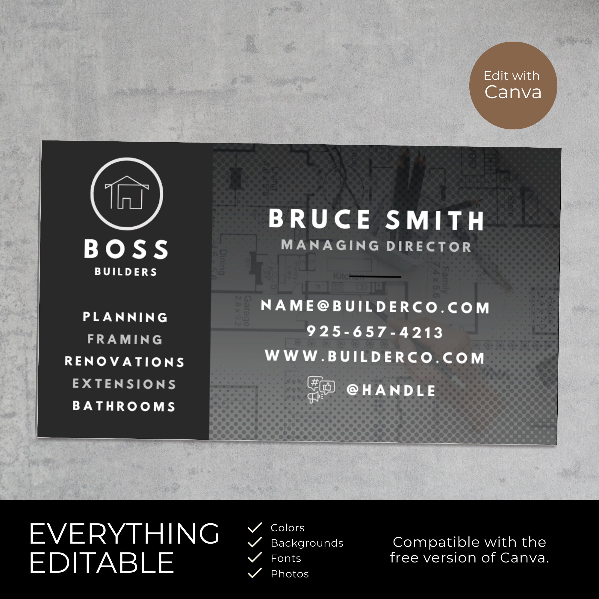 Construction Business Card Canva Template, 8.5x5cm, Small Business ...