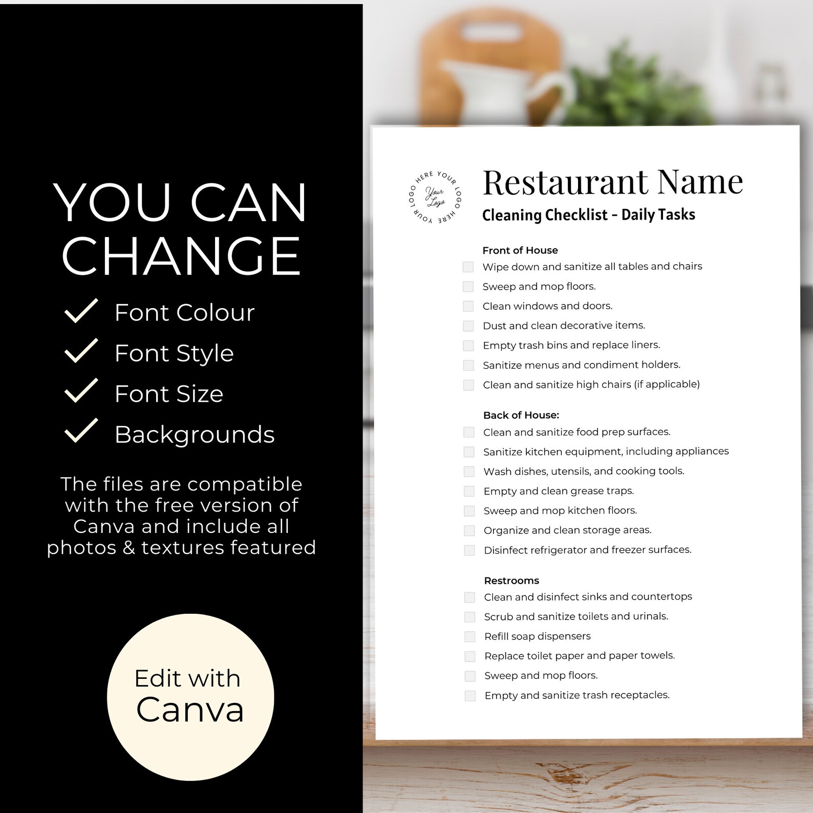 Restaurant Cleaning Checklist A4, Daily Tasks, Canva Template, Kitchen ...