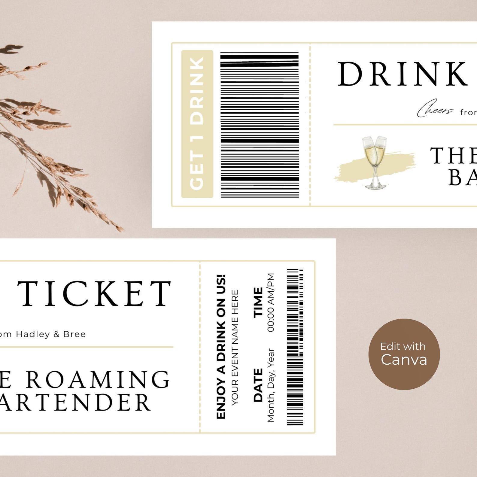 Mobile Bar Drink Ticket Canva Template, Wedding Drinks Token Voucher ...