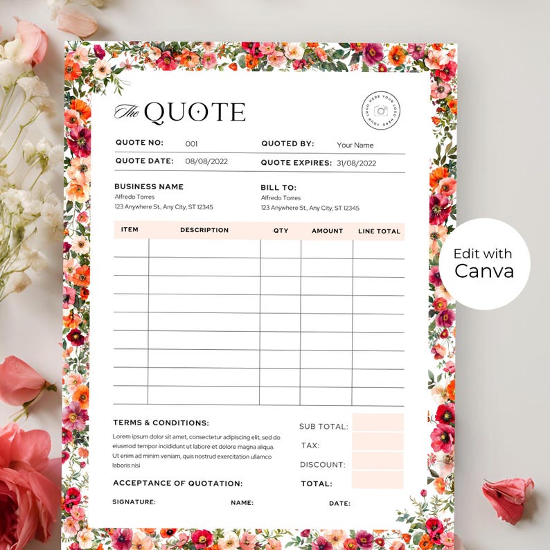 Wedding Florist Invoice Canva Template, Boutique Flower Shop Quotation ...