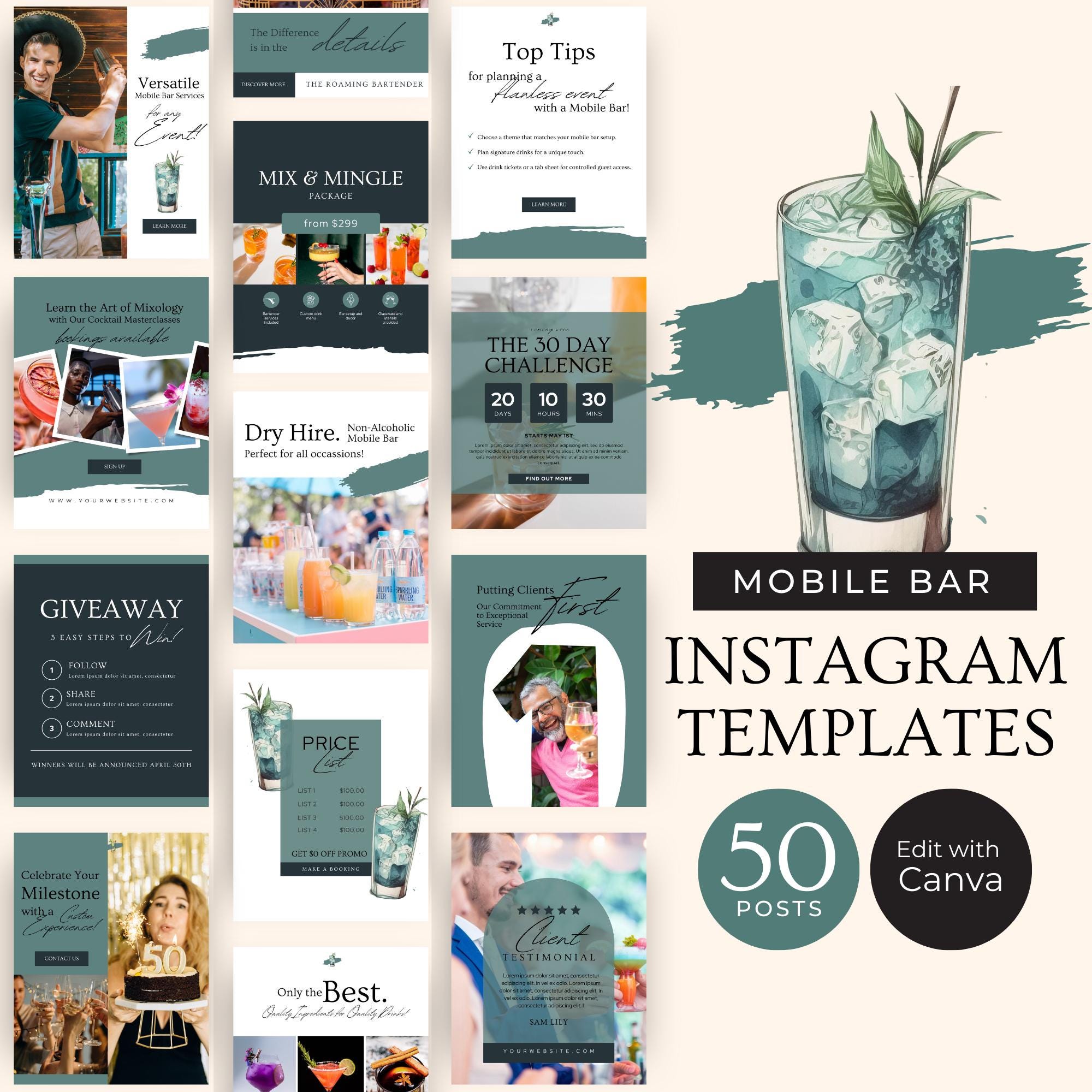 Mobile Bar Instagram Templates, Bartending Social Media Posts, DIY ...