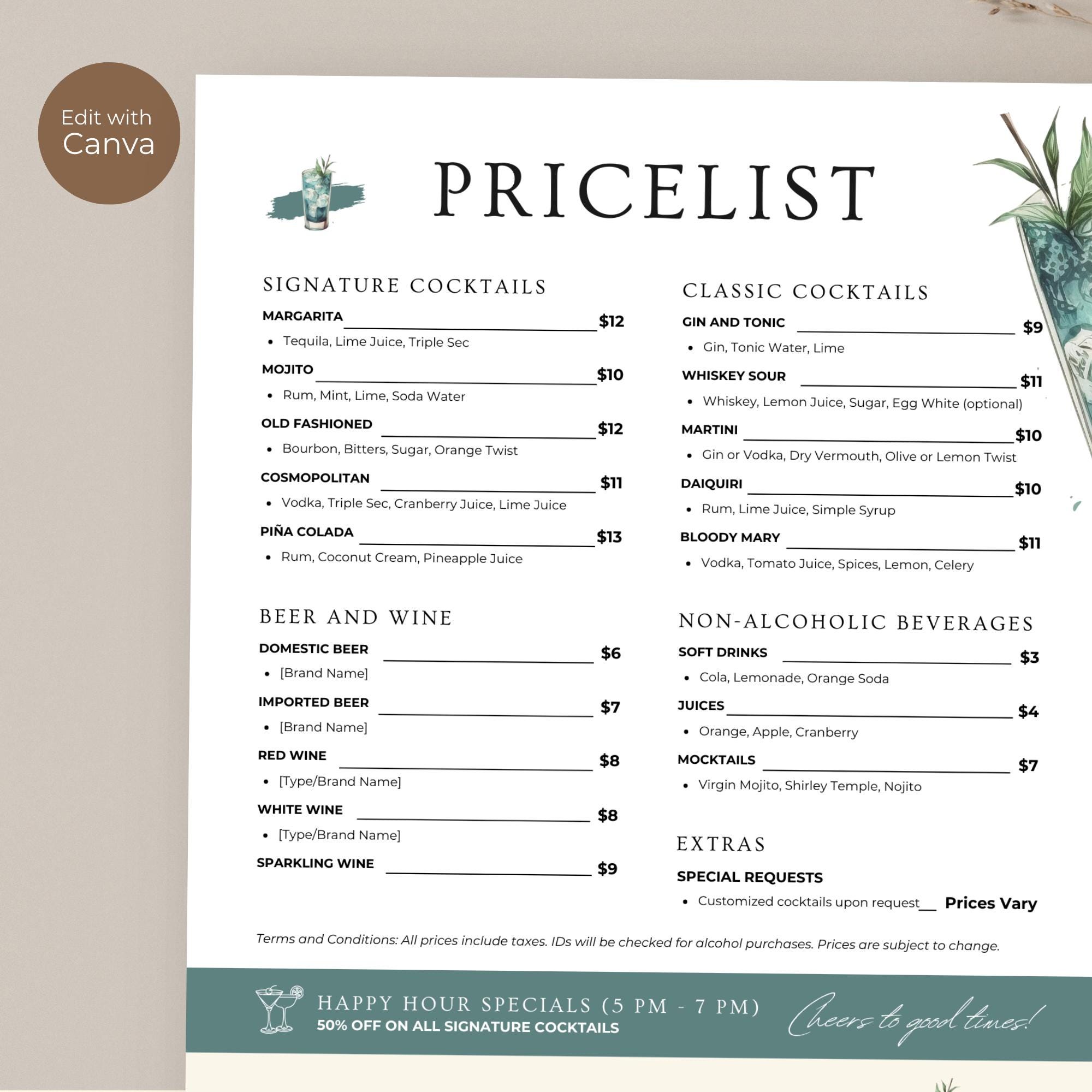 Mobile Bar Price List Template, Customizable Bar Menu, Cocktail Bar ...