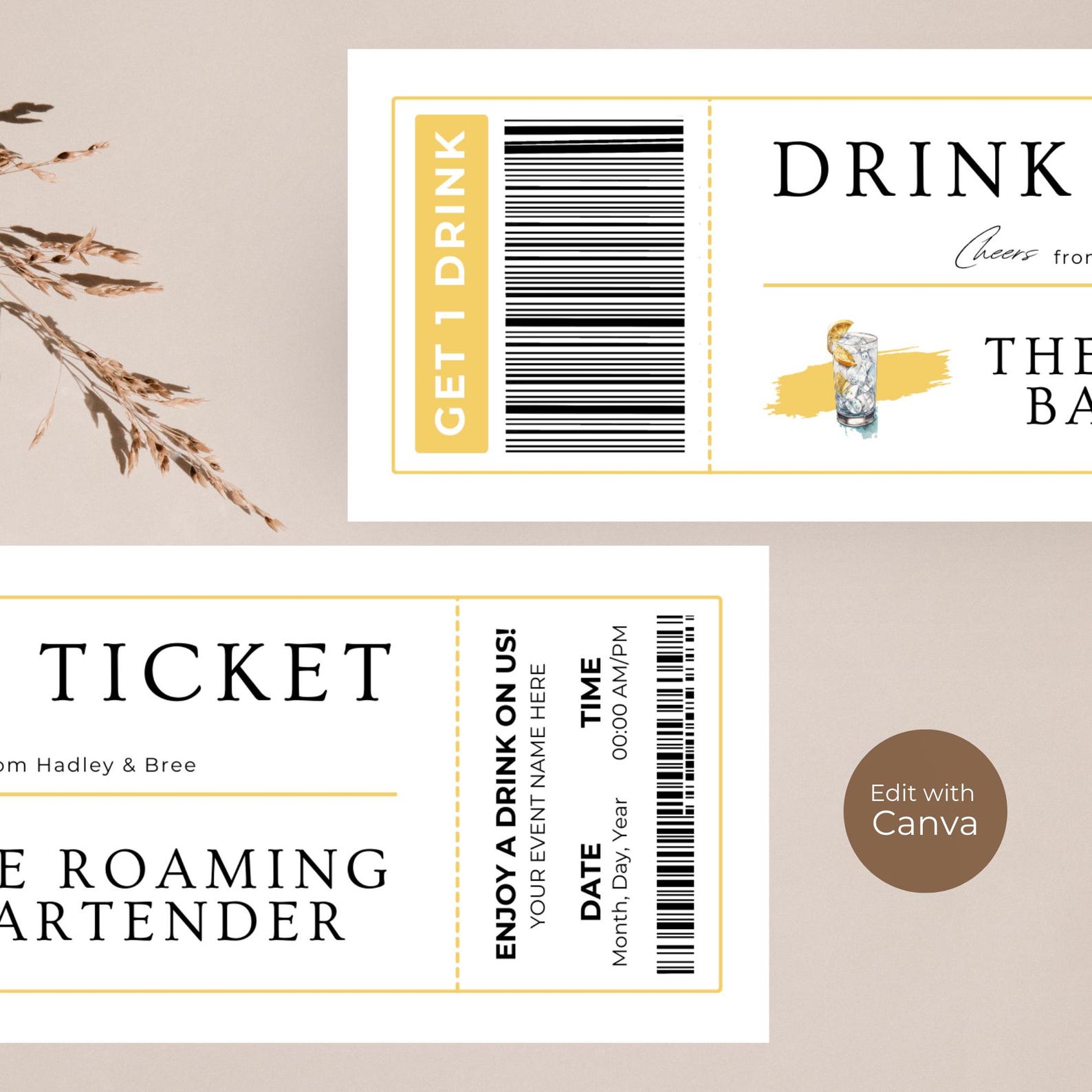 Mobile Bar Drink Ticket Canva Template, Wedding Drinks Token Voucher ...