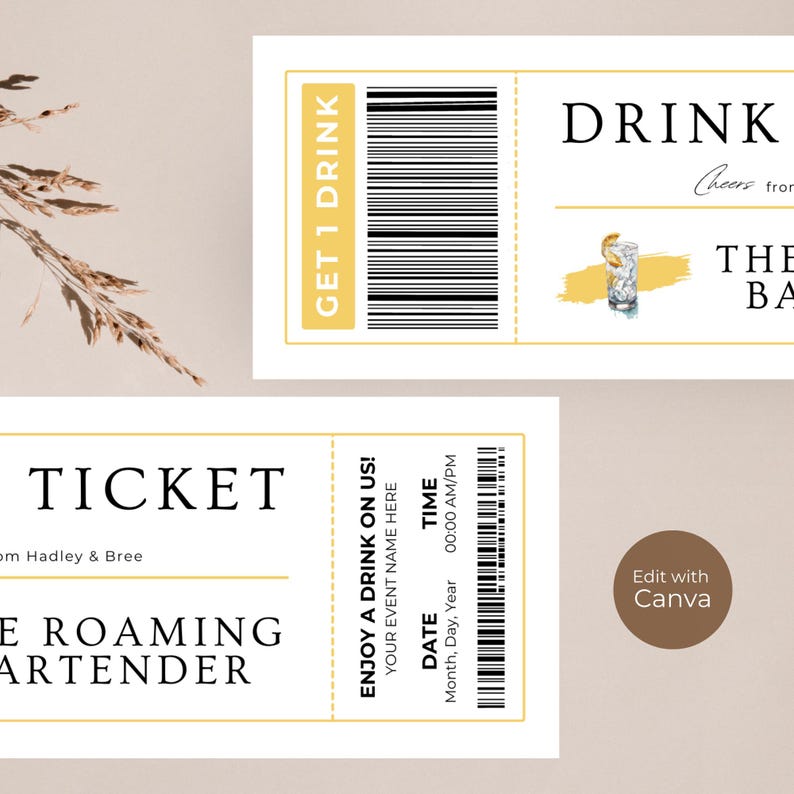 Mobile Bar Drink Ticket Canva Template, Wedding Drinks Token Voucher ...
