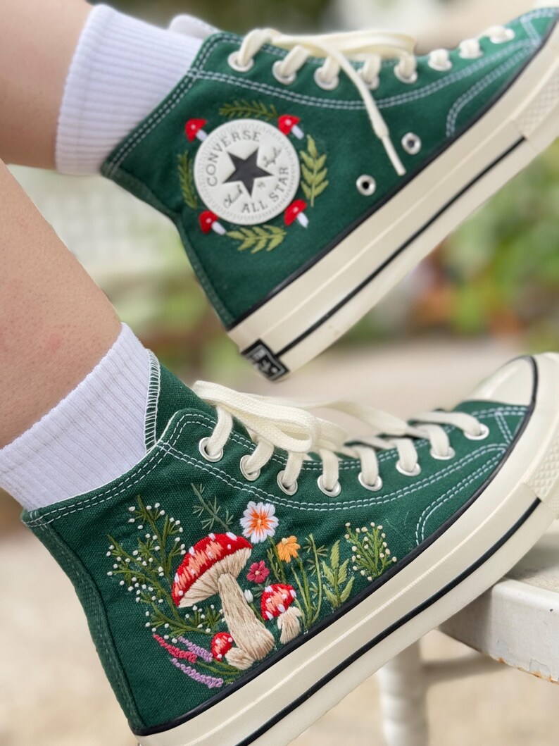 Green Embroidered Converse High Tops/ Mushroom and Flower Custom ...