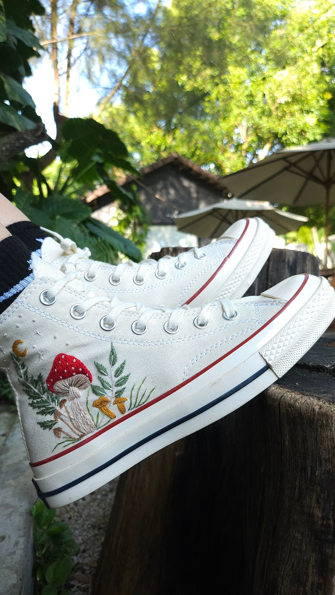 Custom Embroidered Converse High Tops/ Mushroom and Flower in the Moon ...