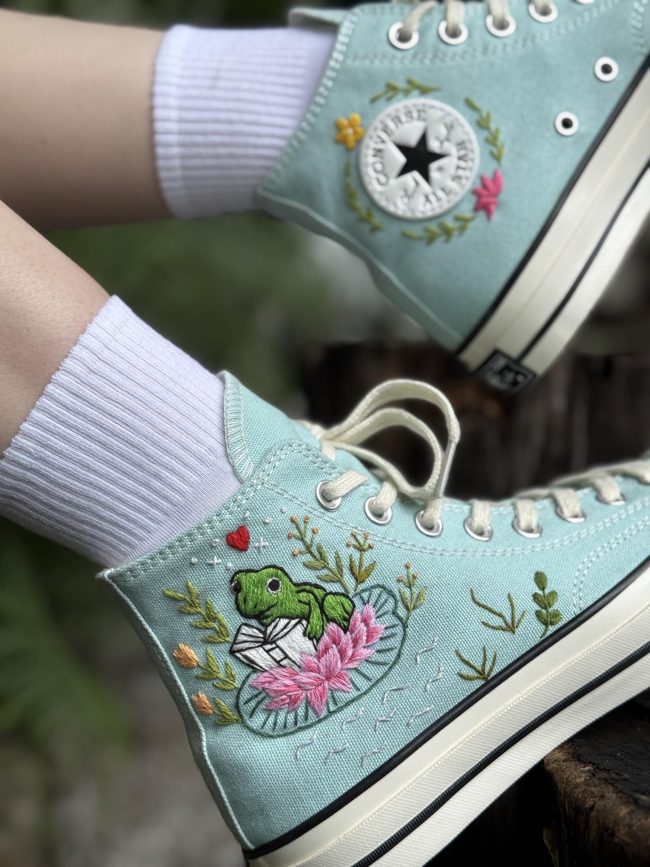 Frog Reading a Book Hand Embroidery Custom Converse/ Custom Embroidered ...