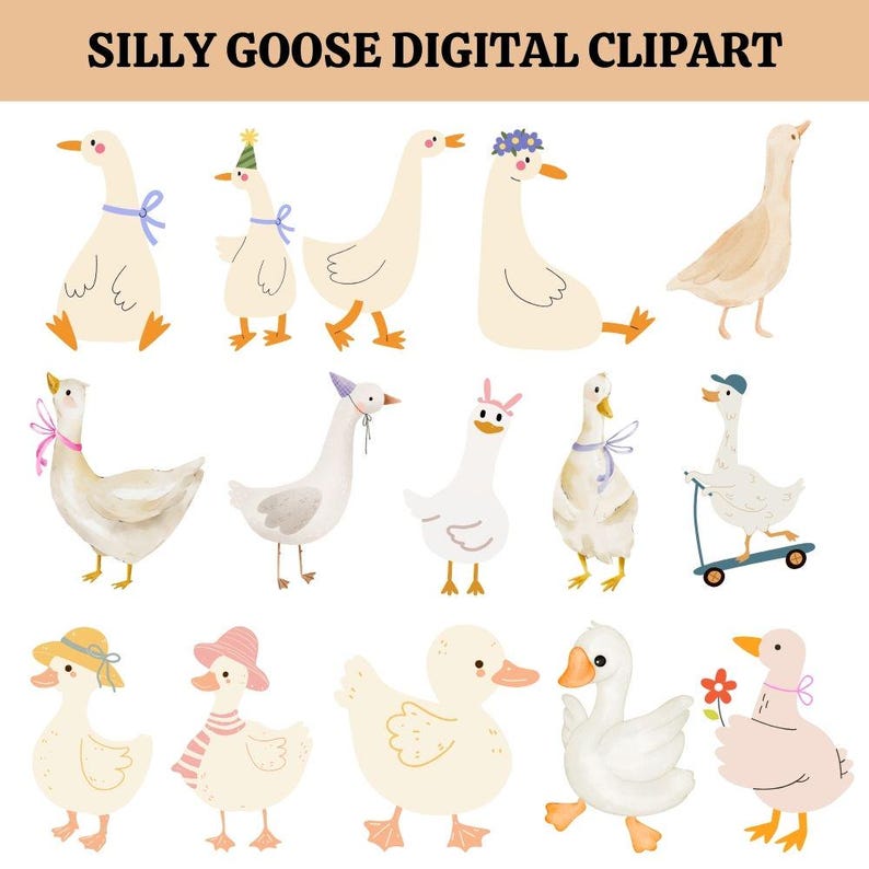 Silly Goose Digital Clipart PNG JPG Download, Cute Goose Printable ...