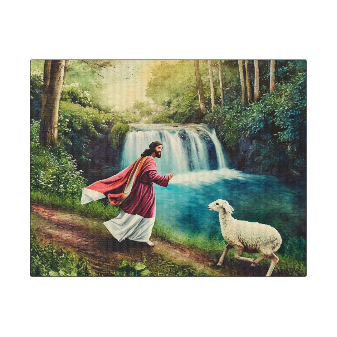Matte Canvas,jesus and Lamb Print, Jesus Running After Lost Lamb God ...
