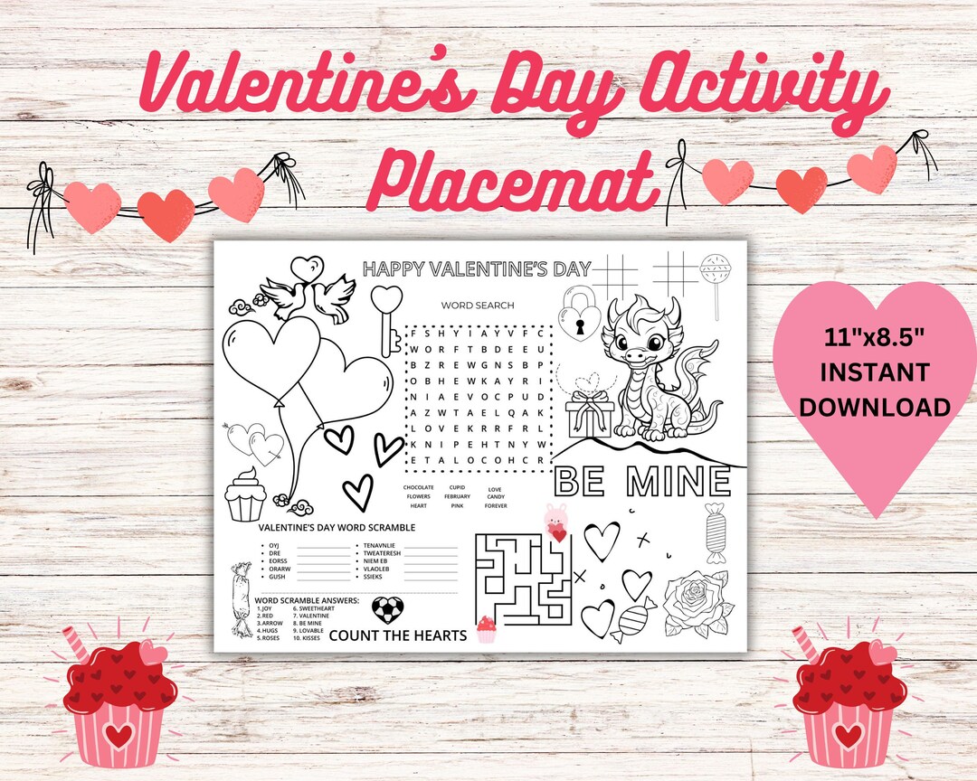 Valentine's Day Activity Placemat, Class Party Games, Printable ...