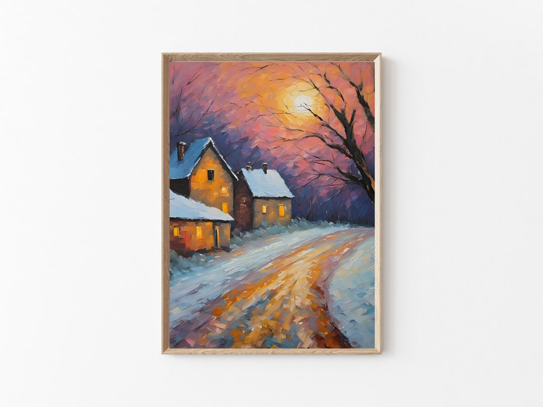 Rosy Winter Night, Printable Vintage Town Winter Wall Art, Moody Winter ...