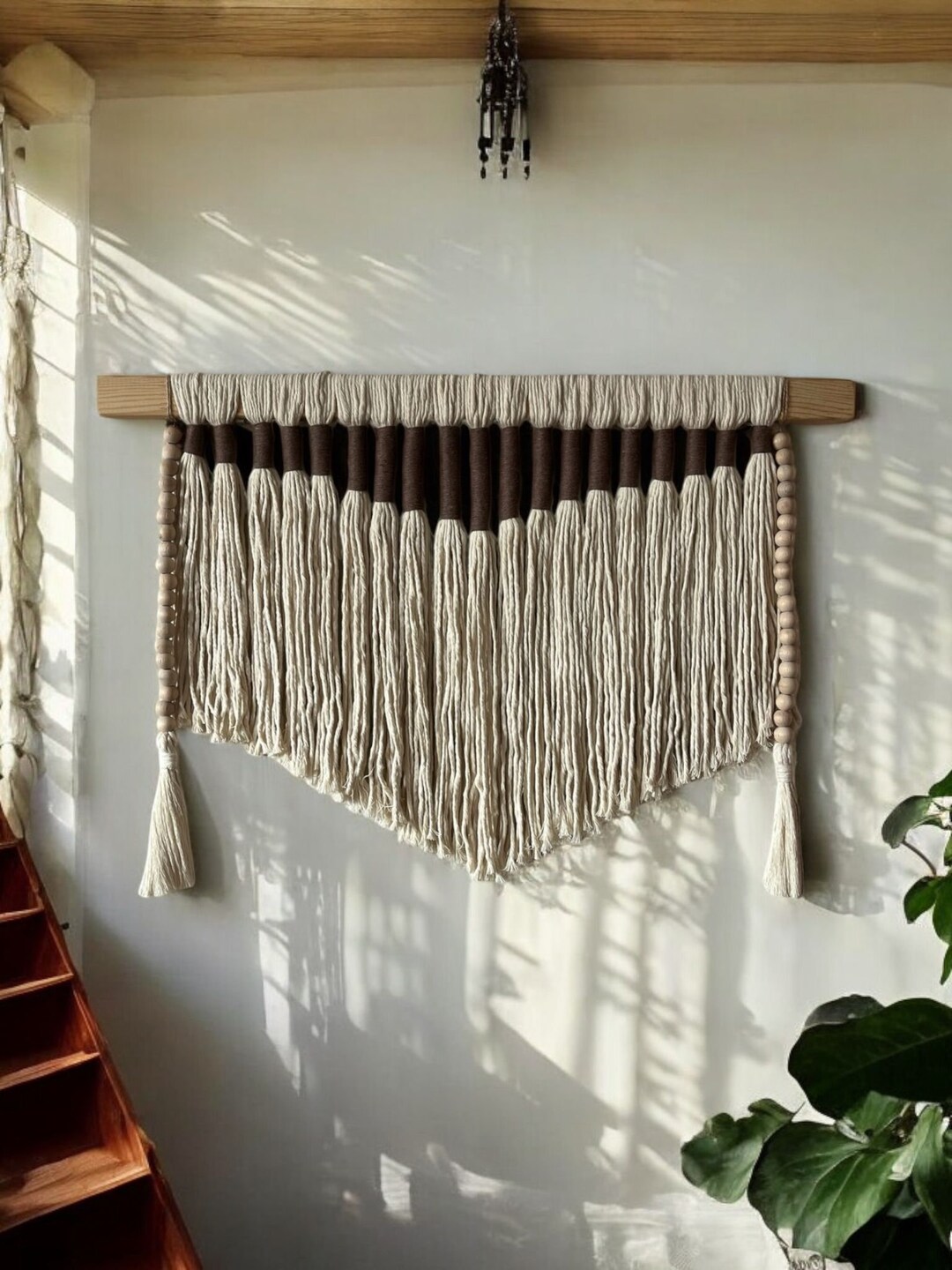 Rustic Macramé Wall Decor With Natural Wood & Beads, Macrame Wall Decor ...