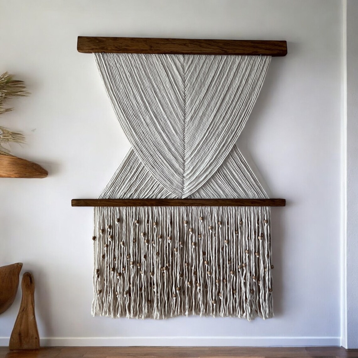 Large Modern Macramé , Natural Wood & Beads Bohemian Decor for Bedroom ...