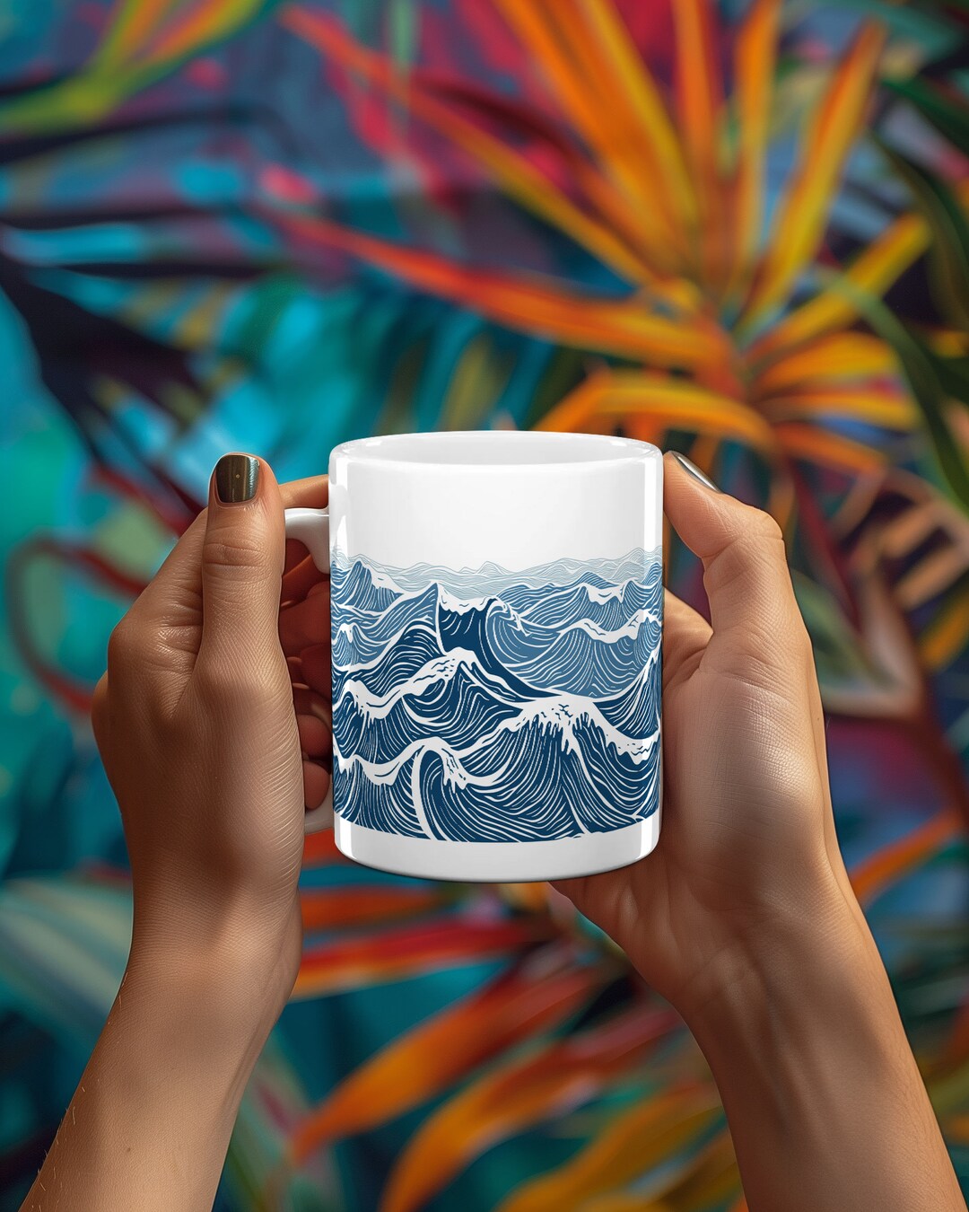 Pacific Ocean Waves Coffee Cup - Japanese Style Blue Wave Ceramic Mug ...
