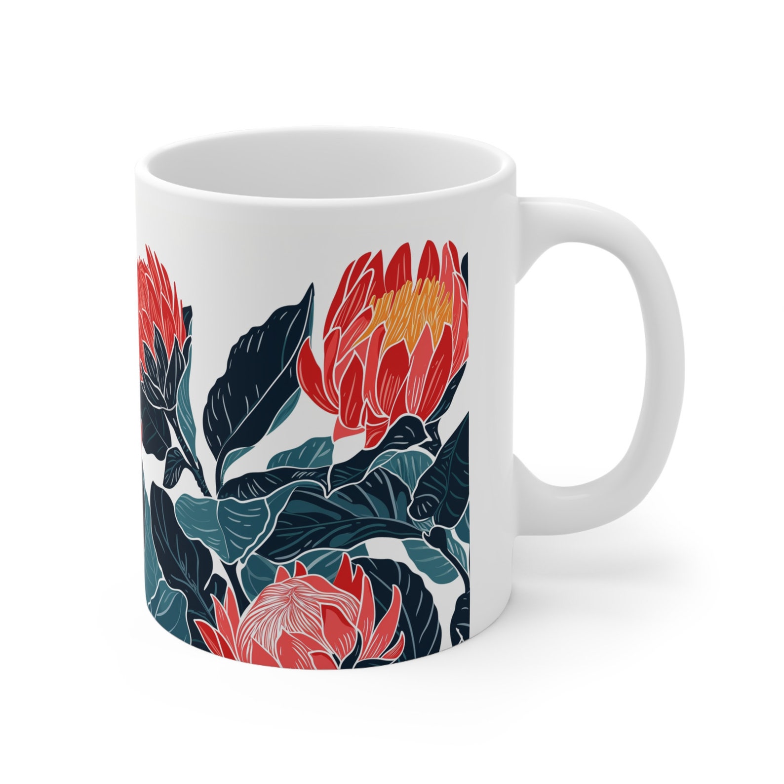 Tropical Red Protea Floral Print Hawaiian Ceramic Mug, Hawaii Vacation ...